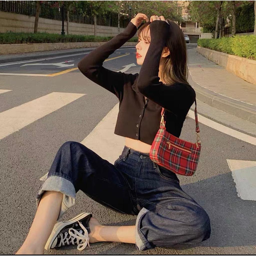 Angela Button Crop Top, Fesyen Wanita, Pakaian Wanita, Atasan di Carousell