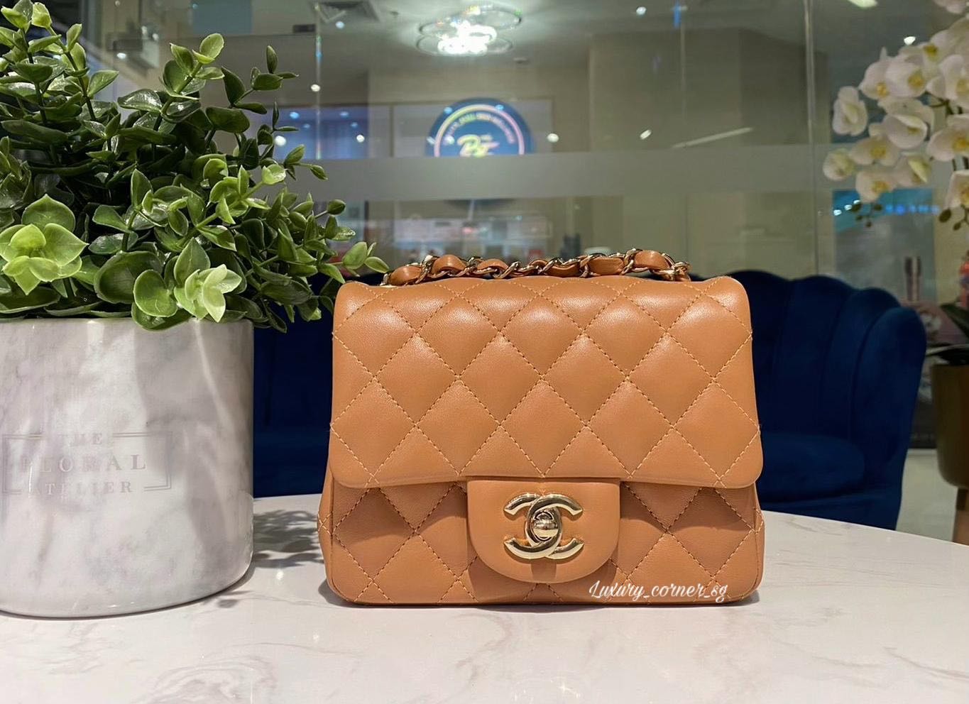 RARE!!! CHANEL MINI SQUARE 21P CARAMEL, Luxury, Bags & Wallets on Carousell