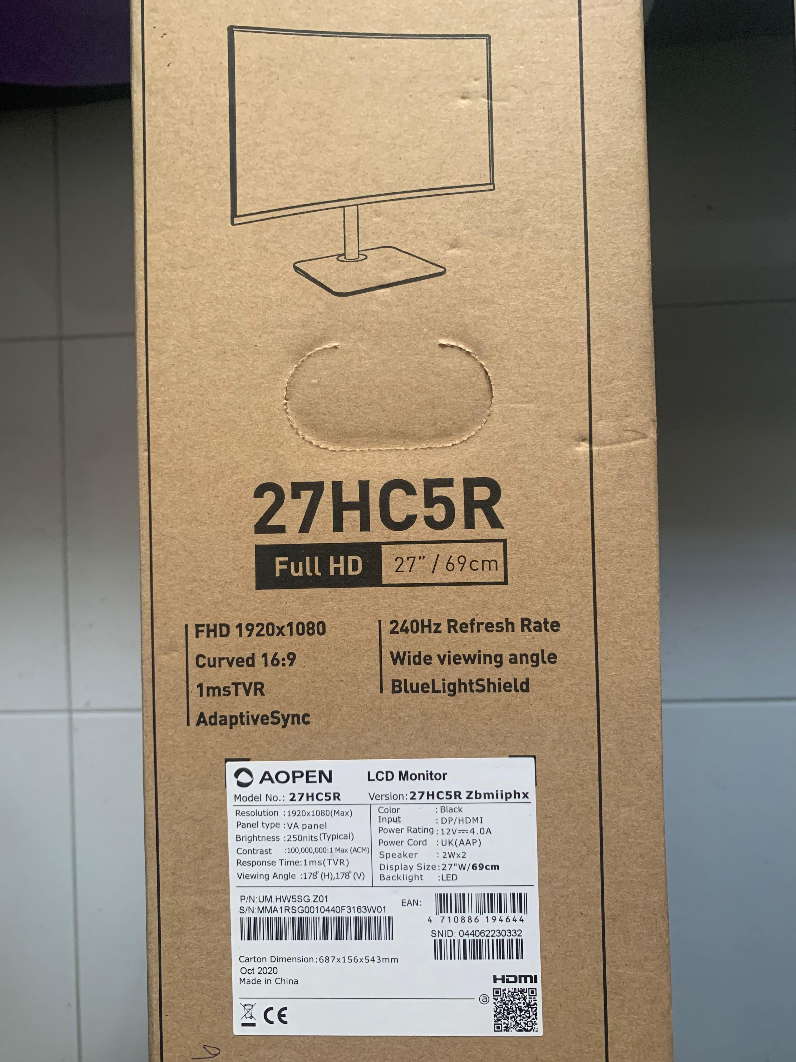 BNIB AOPEN 27HC5R Z 27-Inch FHD 240Hz 1ms Zero Frame Curved LCD (1500R) FreeSync Gaming Monitor ...