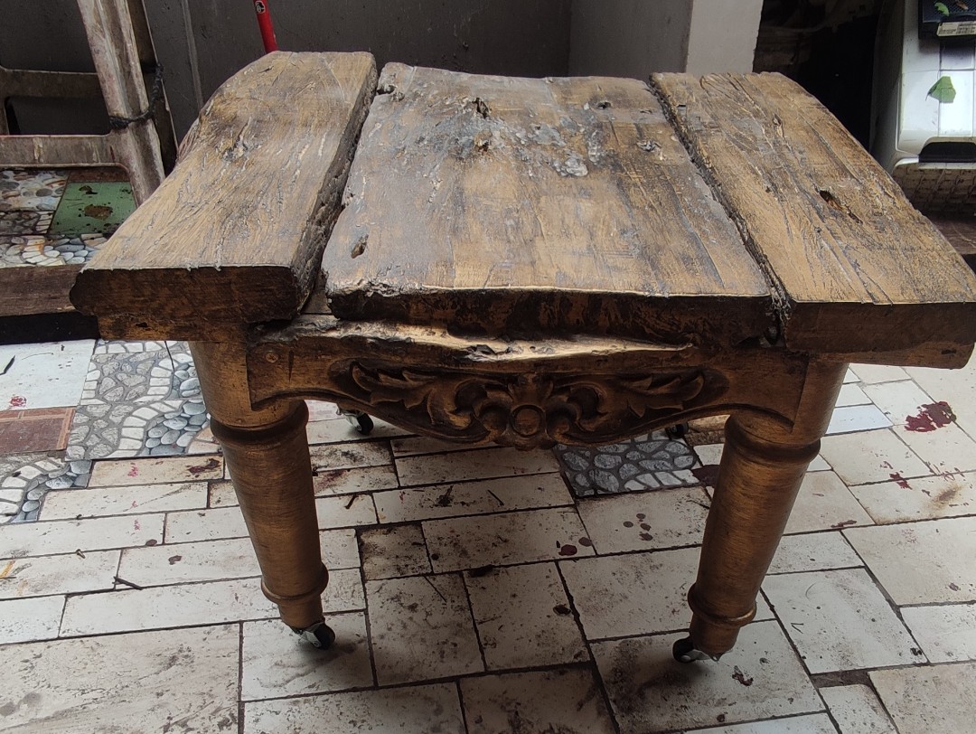 vintage gold wood accent table solid wood with wheels caster, Furniture ...