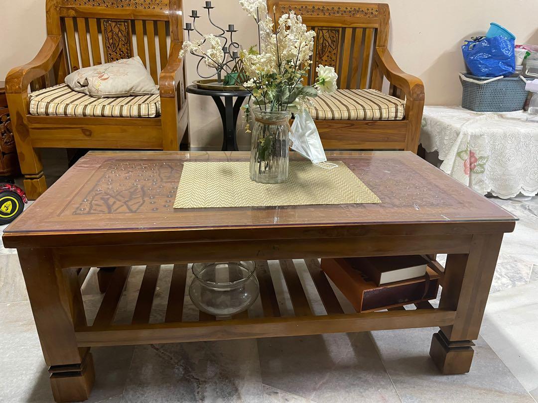 Set sofa kayu jati 7 seater with coffee table / meja kopi, Furniture ...