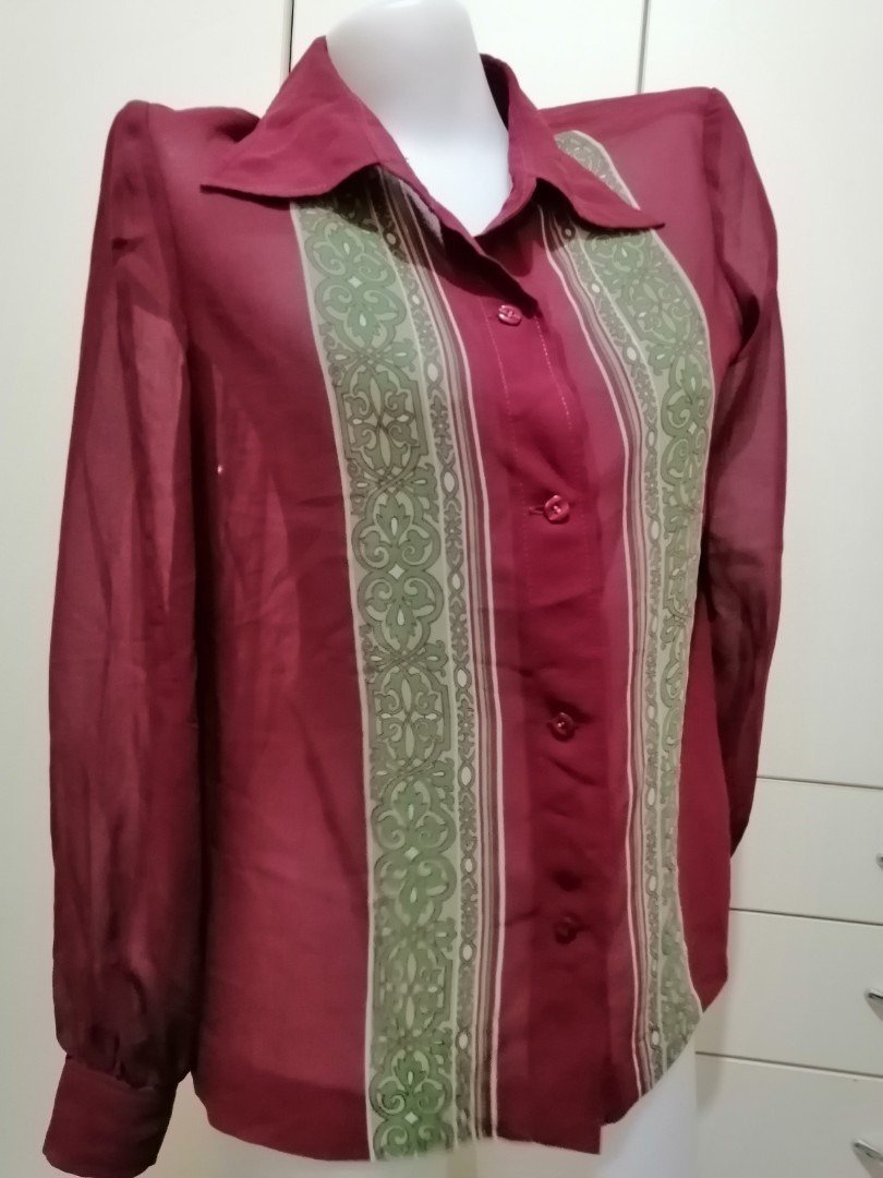 Lady's Sheer Maroon Filipiniana Style Barong, Women's Fashion, Tops ...