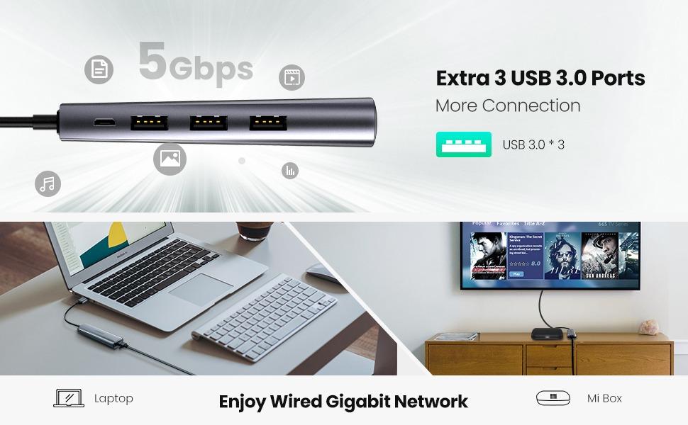 [BNIB] UGREEN (60812) USB 3.0 Ethernet Adapter Hub with RJ45 10 100 ...