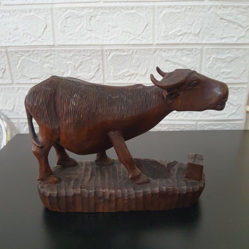 Wooden carabao carved figurine solid heavy wood, Furniture & Home ...