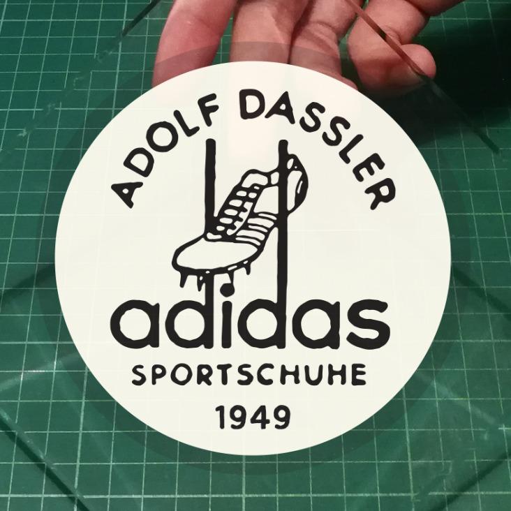 Adidas Adolf Dassler retro . Static Cling Souvenir / Car Decals . 11cm ...