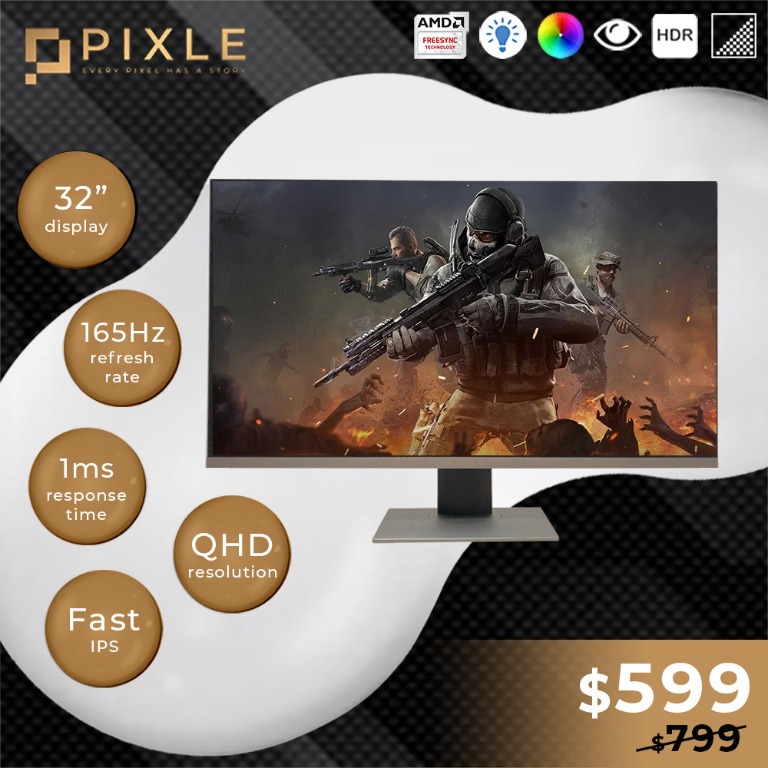 PIXLE 32" 2K QHD 165Hz 1ms Flat Fast-IPS Gaming Monitor, Computers ...