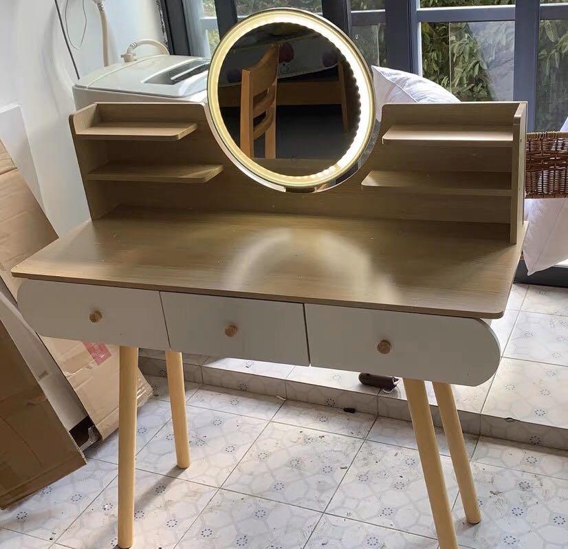 [READY STOCK] 100cm Dressing table with LED mirror & stool - wood color ...