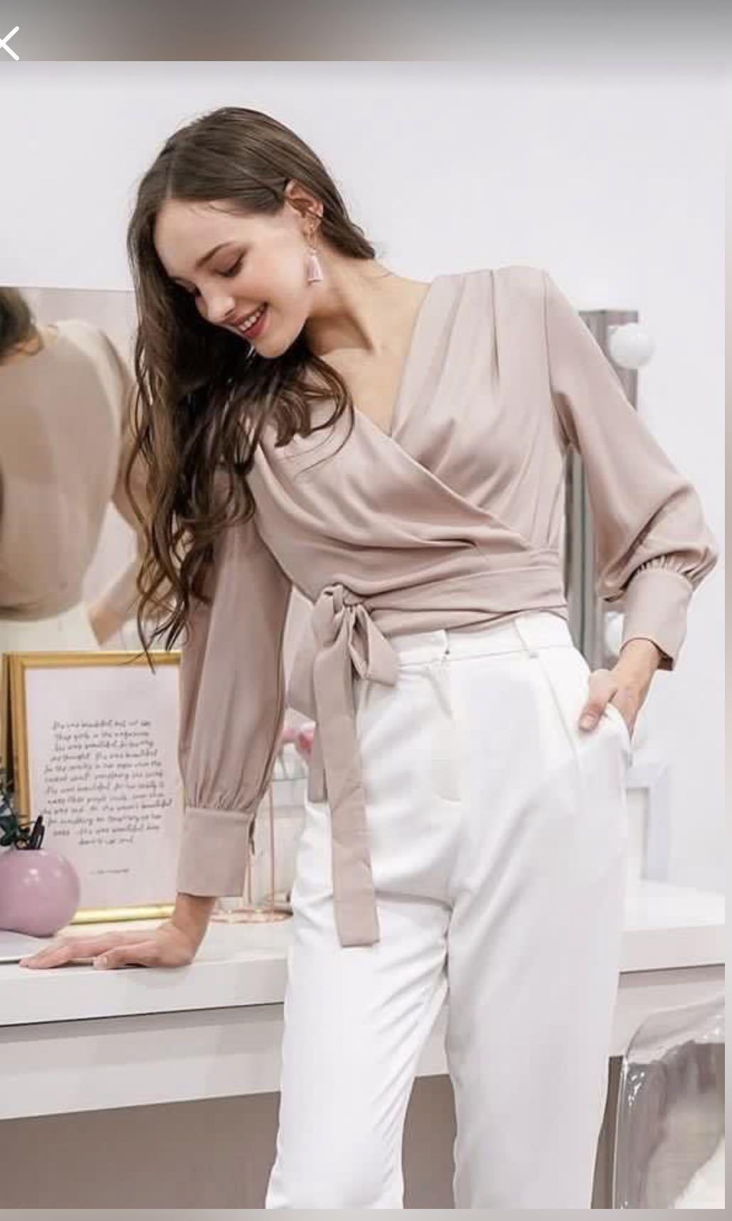 Zahra Wrap Tie-Sash Top (Taupe Sand), Women's Fashion, Tops ...