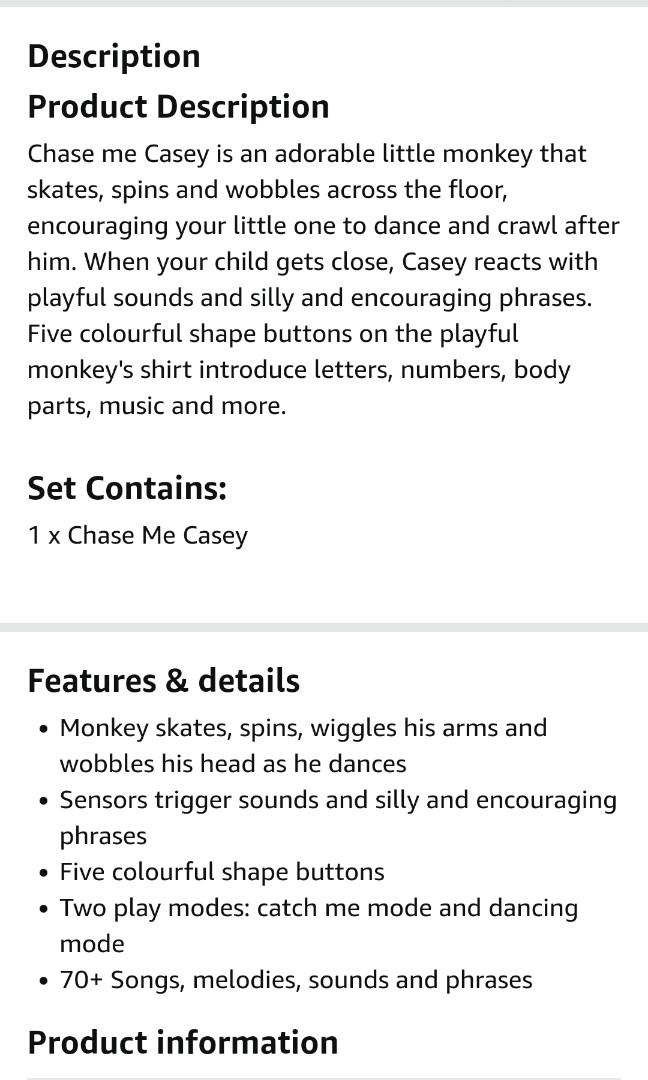 VTECH Monkey, Chase Me Casey, Hobbies & Toys, Toys & Games on Carousell