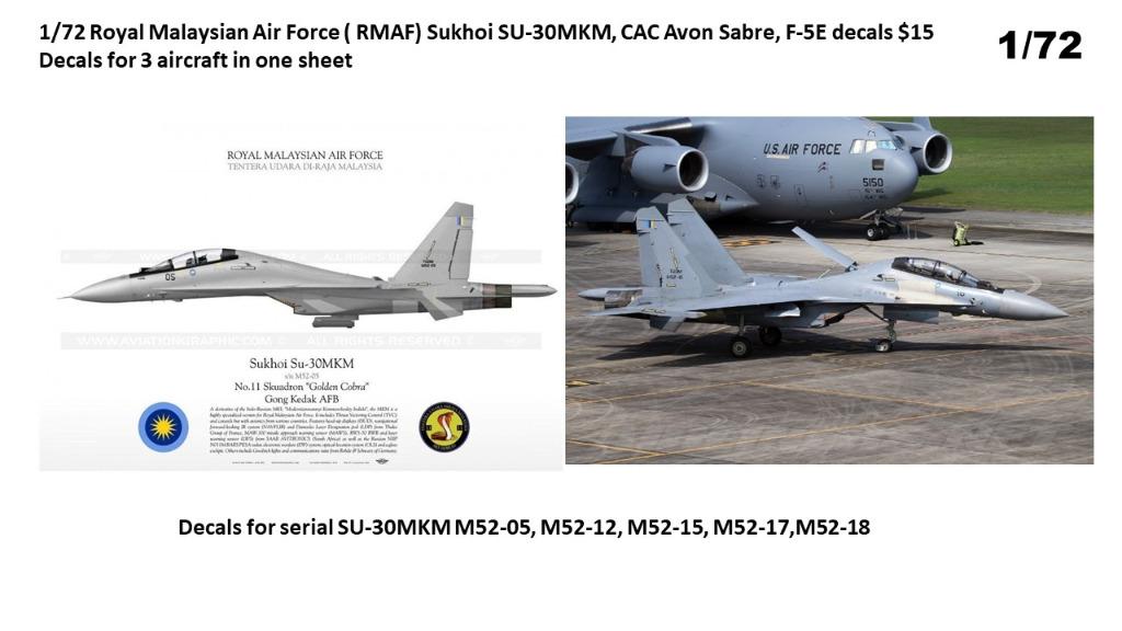 1/72 Royal Malaysian Air Force Decals ( RMAF) SU-30MKM, F86 Sabre, F-5E ...