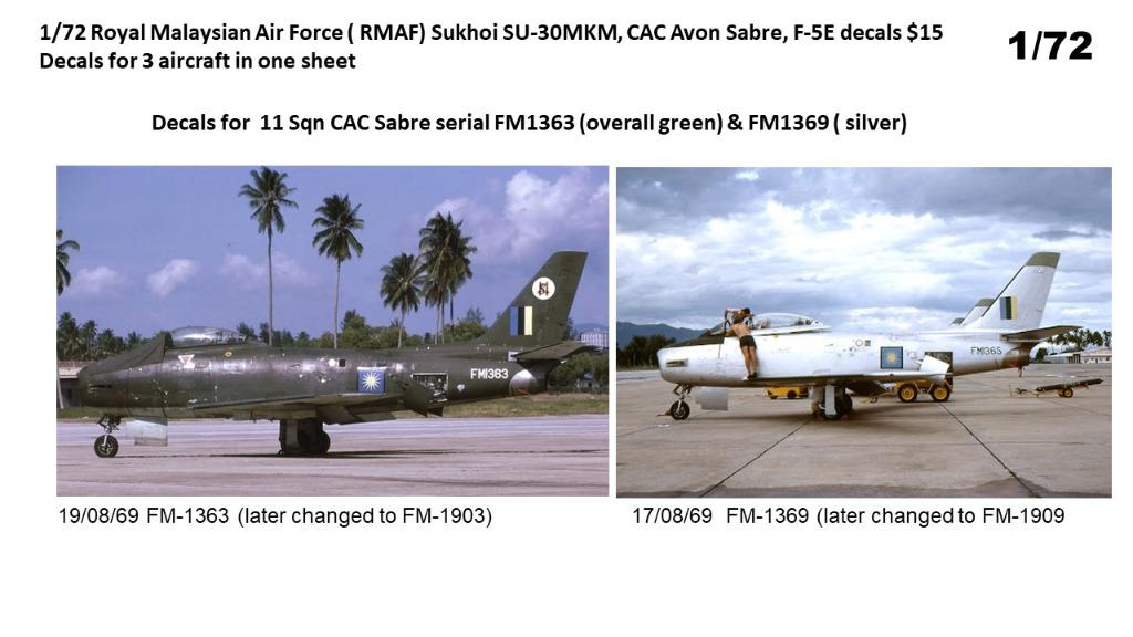 1/72 Royal Malaysian Air Force Decals ( RMAF) SU-30MKM, F86 Sabre, F-5E ...
