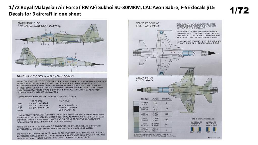 1/72 Royal Malaysian Air Force Decals ( RMAF) SU-30MKM, F86 Sabre, F-5E ...