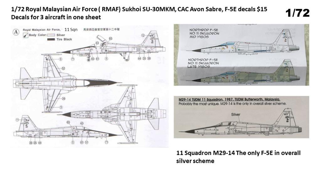 1/72 Royal Malaysian Air Force Decals ( RMAF) SU-30MKM, F86 Sabre, F-5E ...