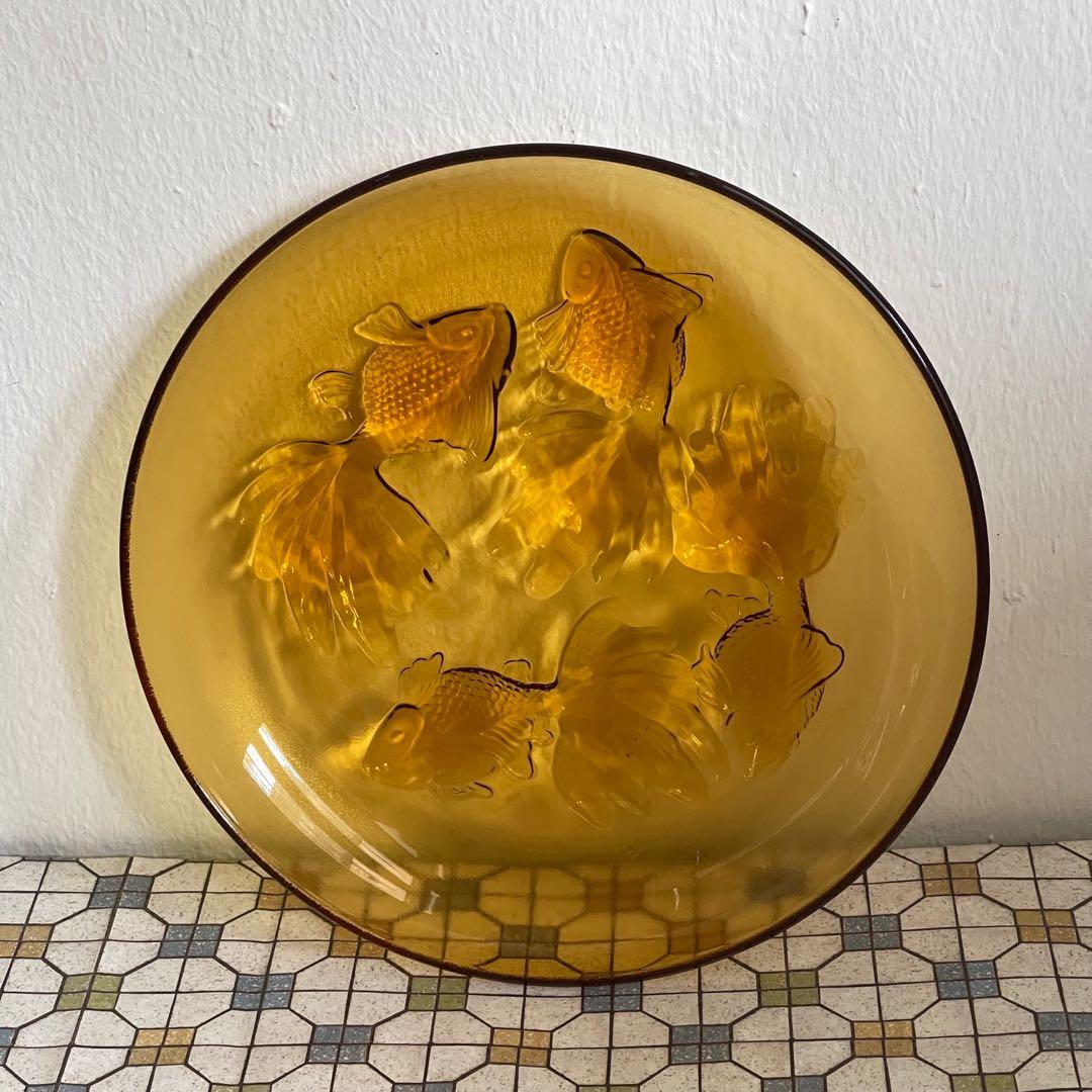 RESERVED - 6 Vintage amber glass goldfish / fish plates with upturned ...