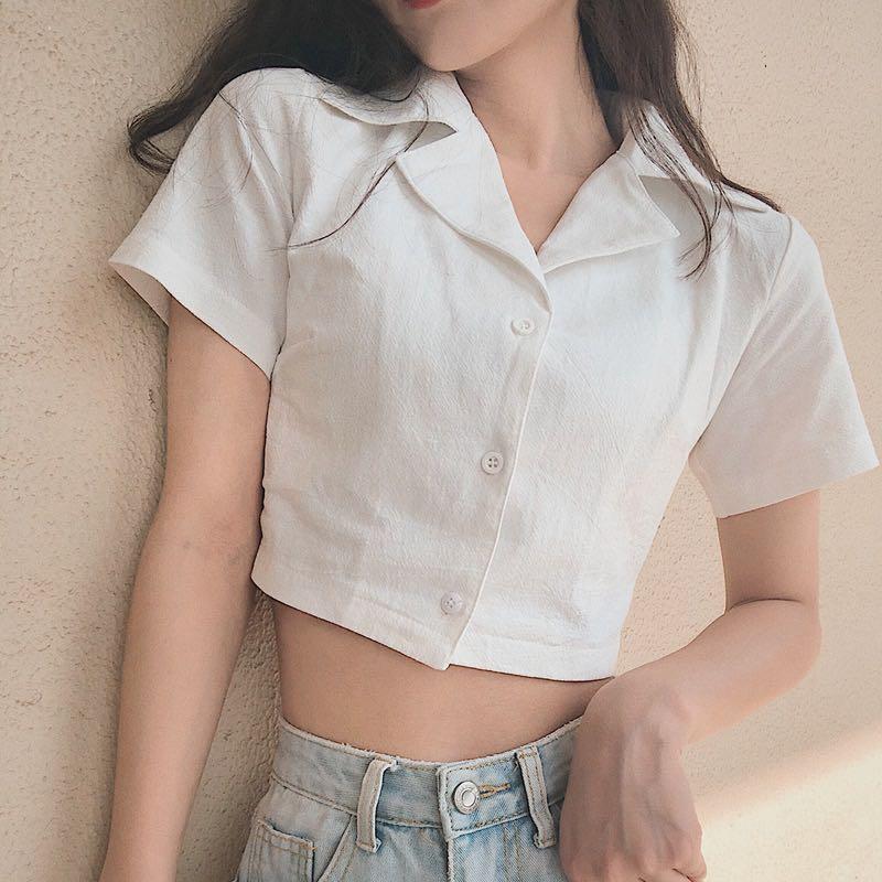 #007 white button up crop top, Women's Fashion, Tops, Shirts on Carousell