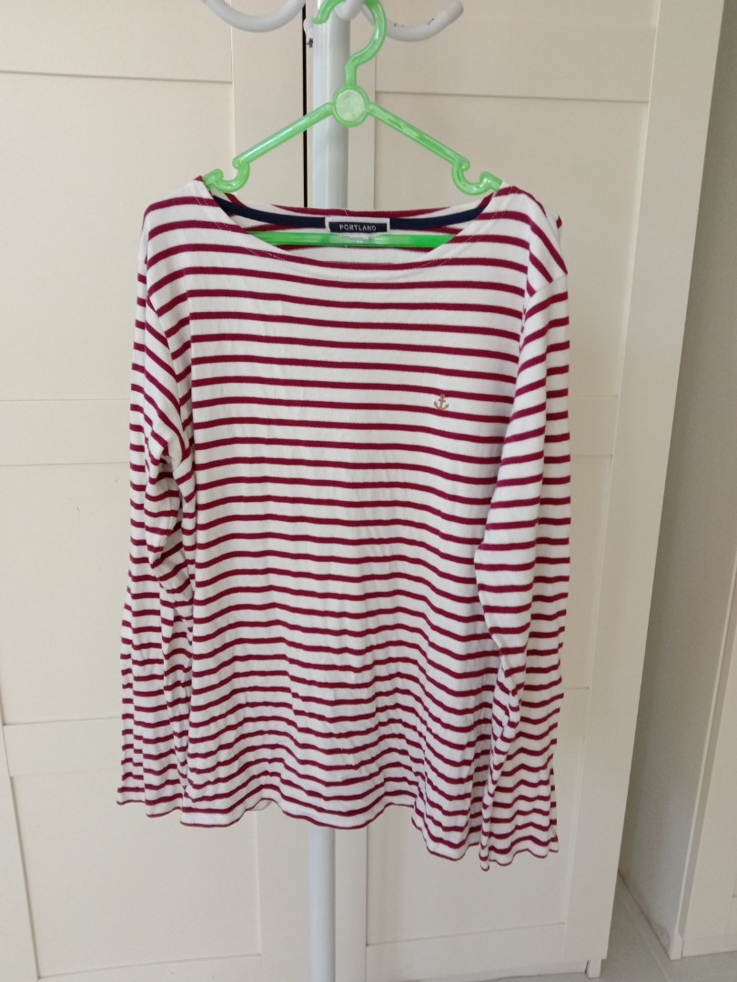 Atasan garis merah putih kaos lengan panjang, Fesyen Wanita, Pakaian ...