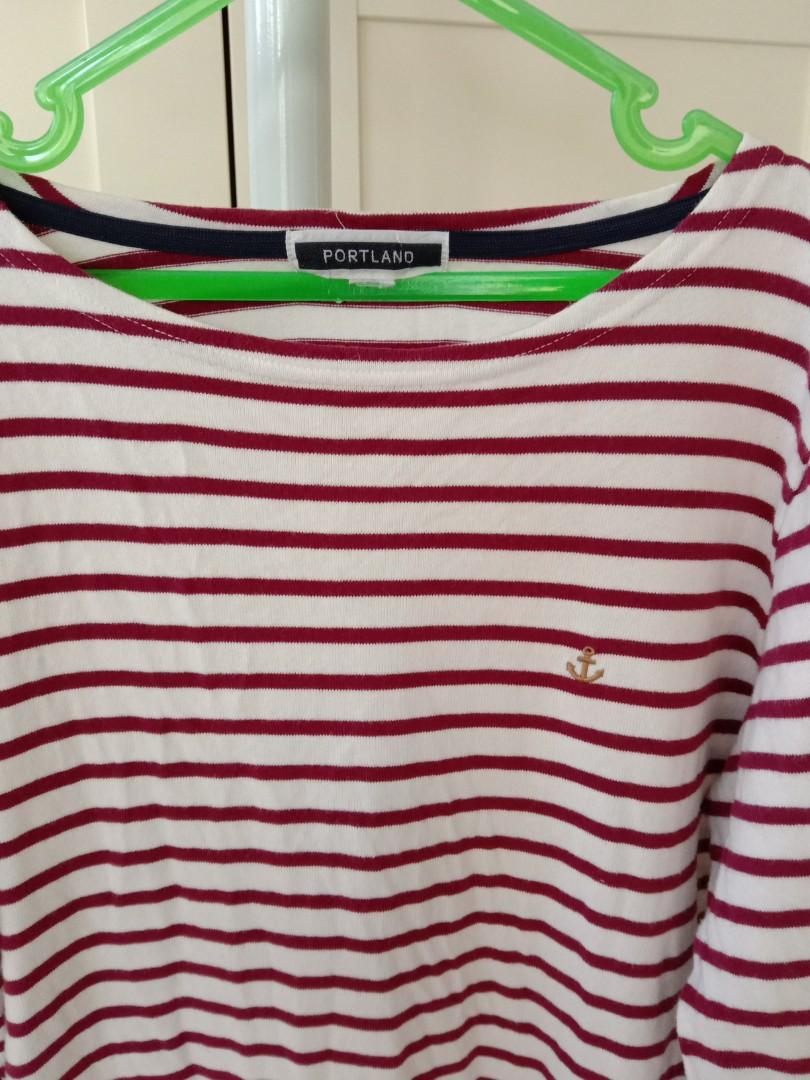 Atasan garis merah putih kaos lengan panjang, Fesyen Wanita, Pakaian ...