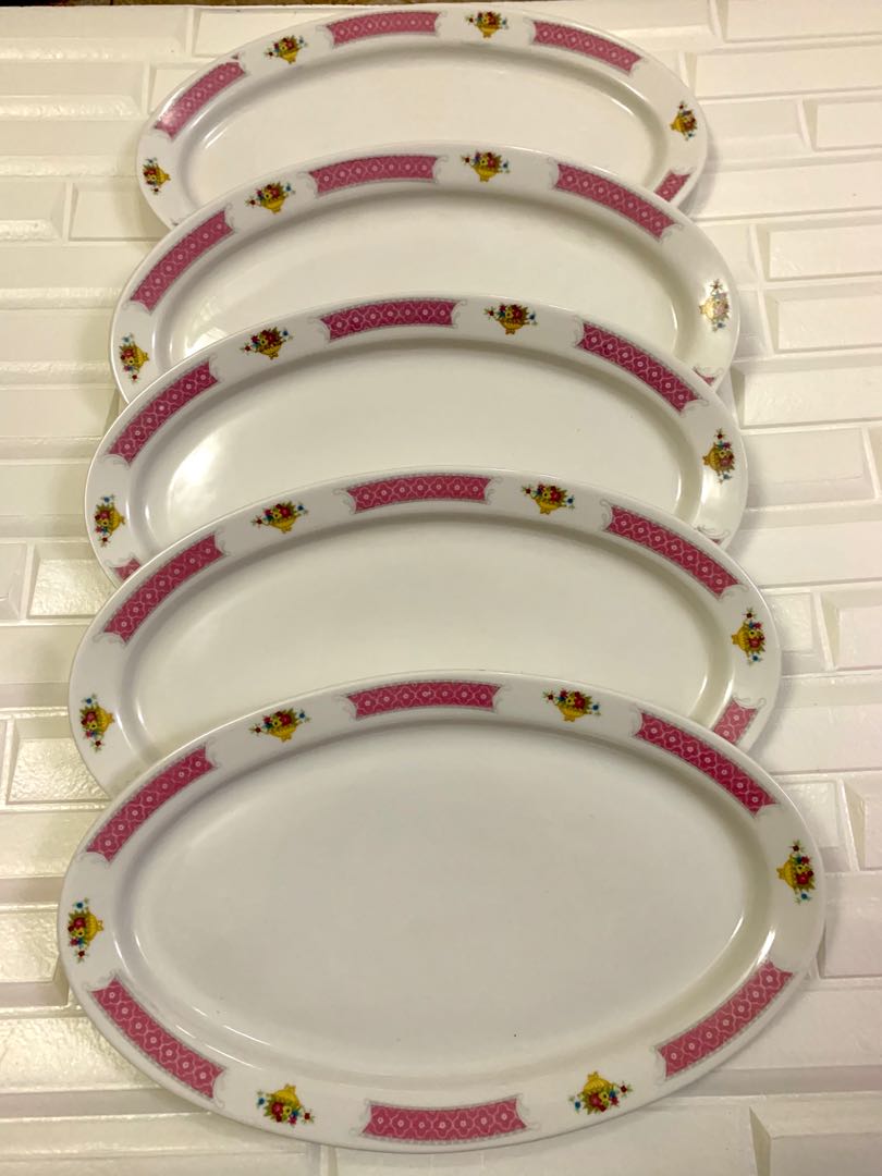 Vintage Oval plate / pinggan bujur bunga bakul pink, Furniture & Home ...