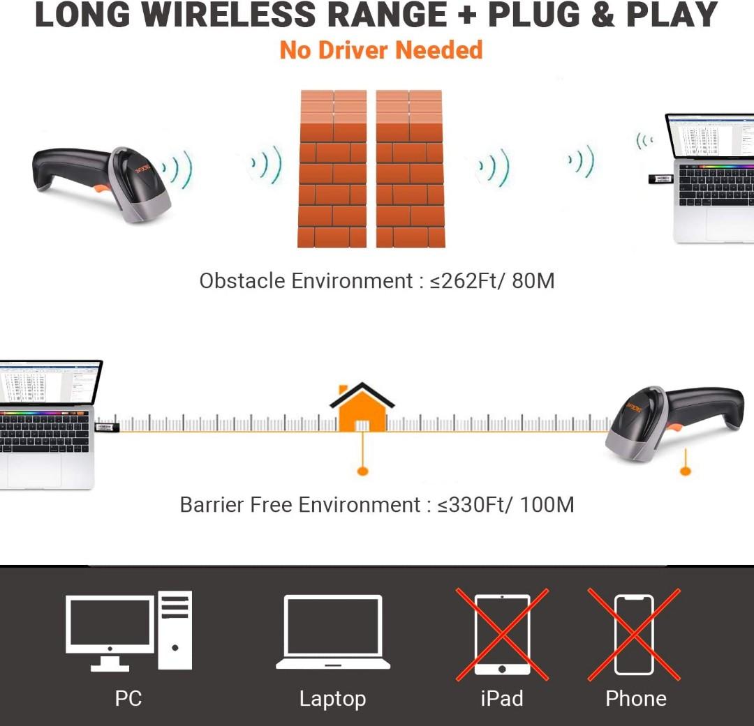 Tacklife Wireless Barcode Scanner MSC01,1D Barcode Reader with 328 Feet ...