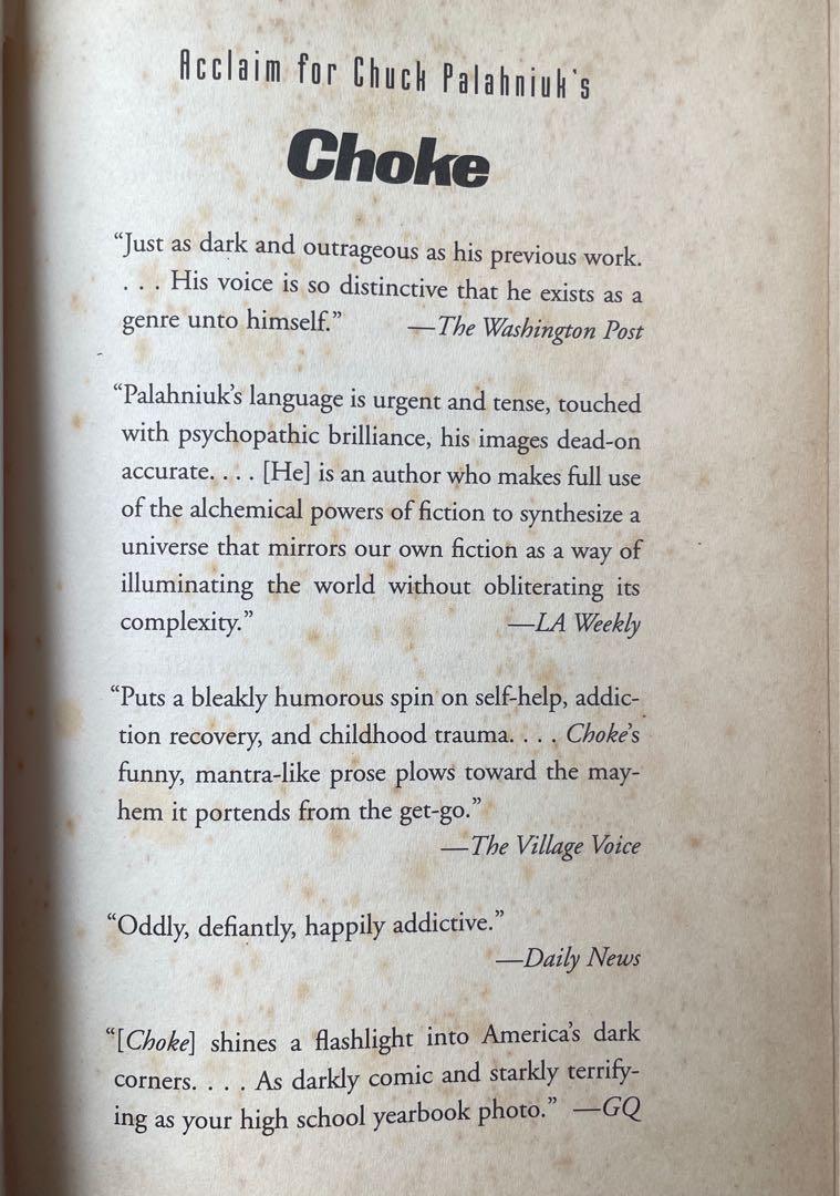 Choke by Chuck Palahniuk, Hobbies & Toys, Books & Magazines, Fiction ...