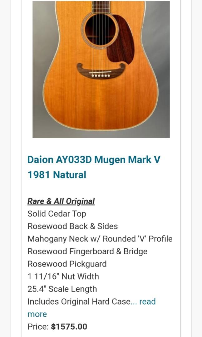 Daion Acoustic Guitar Mugen Mark V, Hobbies & Toys, Musical Instruments ...