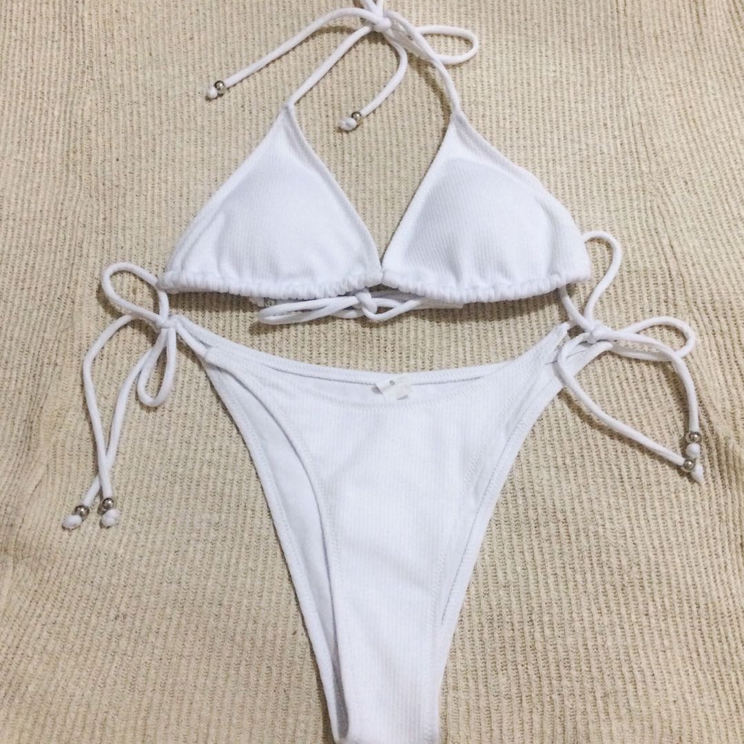 Ribbed white string bikini, Women's Fashion, Swimwear, Bikinis ...