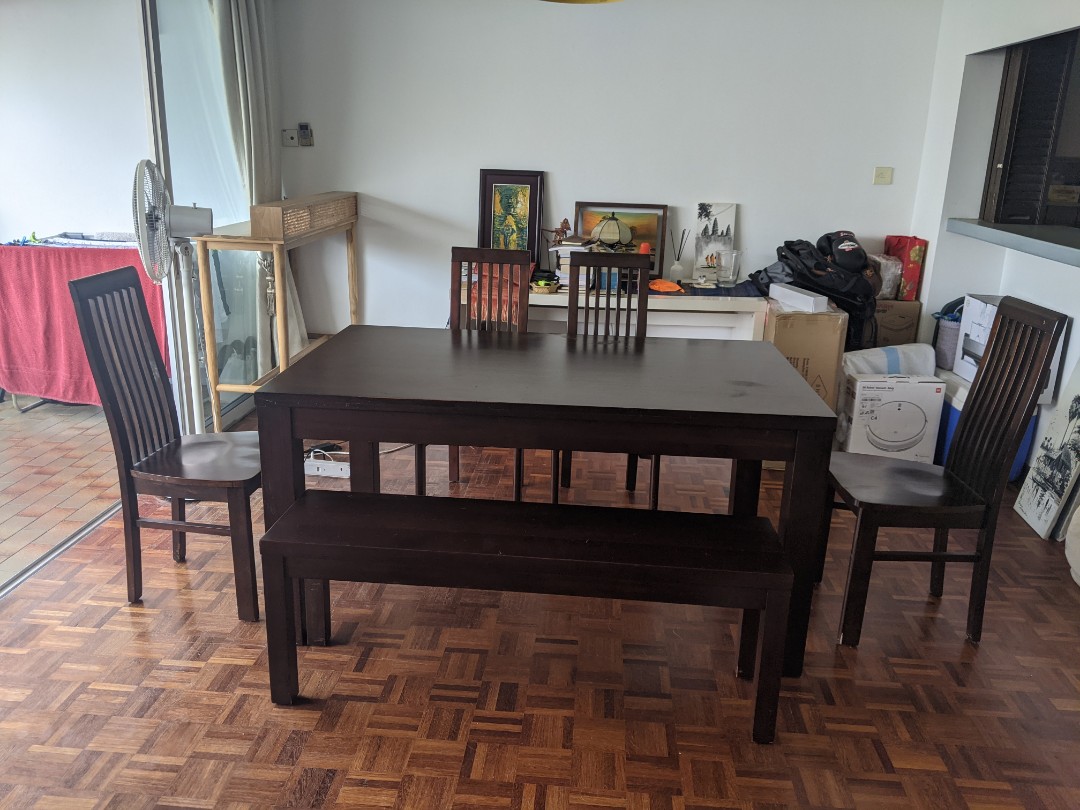 Dining table, 4 chairs, 1 bench, Furniture & Home Living, Furniture ...
