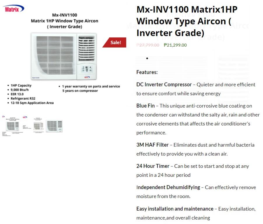 Matrix Inverter-Grade Window-type Aircon 1HP, TV & Home Appliances, Air ...