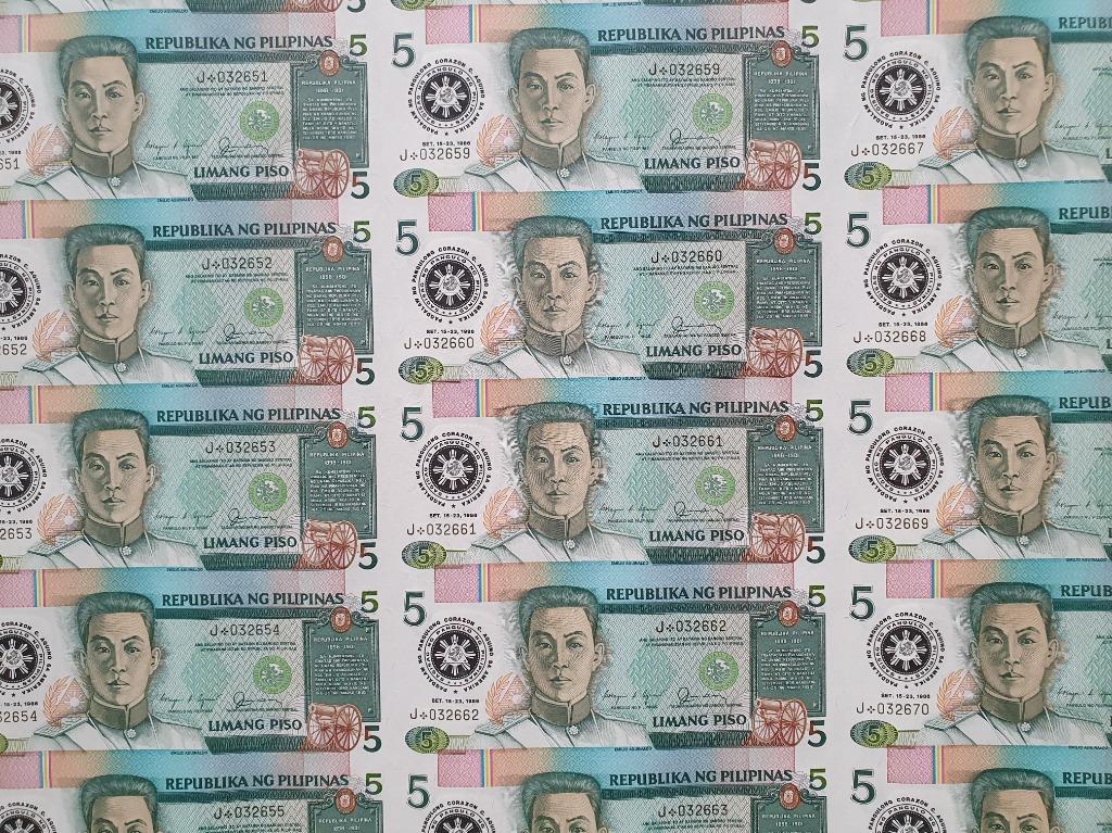 5 Five Pesos Uncut Sheet NDS Aquino-Fernandez Presentation Banknotes J ...
