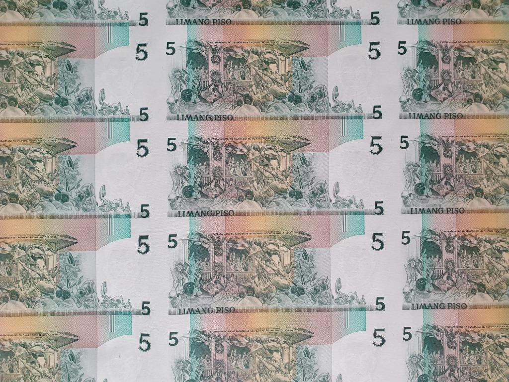 5 Five Pesos Uncut Sheet NDS Aquino-Fernandez Presentation Banknotes J ...