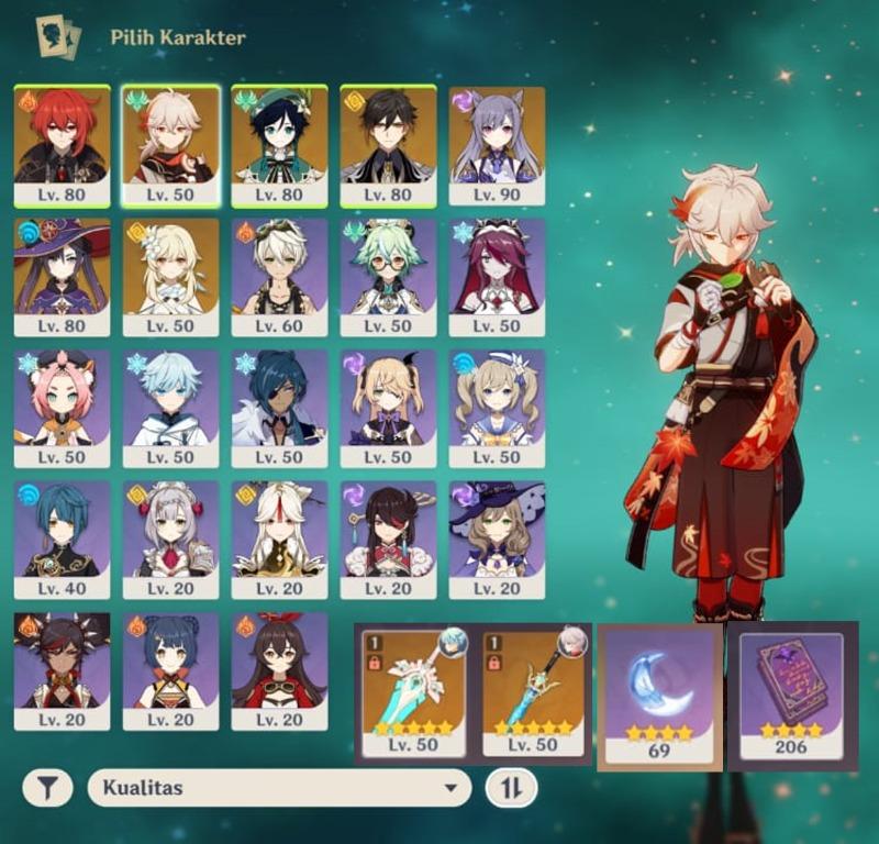 Kazuha + Freedom Sworn, Diluc+Skyward Pride, Venti, Zhongli, Keqing ...