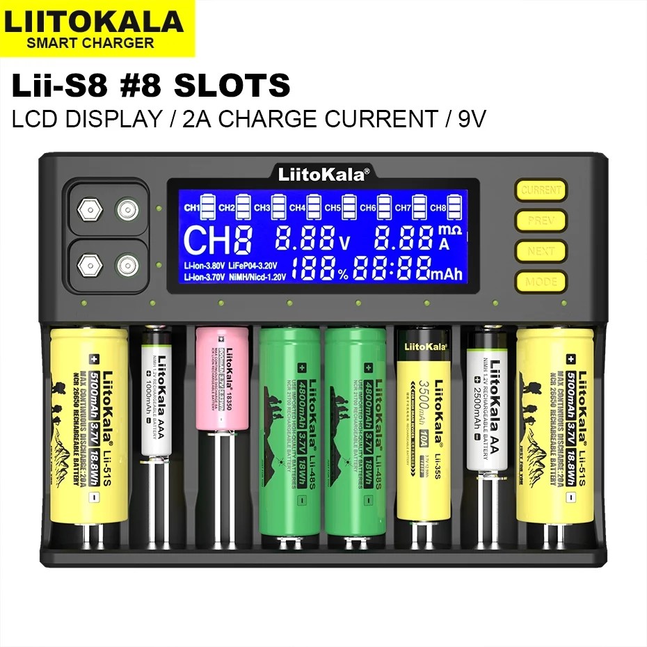 Liitokala Lii-S8 8-Slots Smart Battery Charger LCD Display Li-ion 3.7V ...