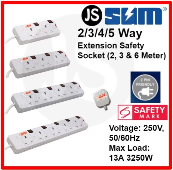 2/3/4/5 WAY Extension Cord Socket Plug (2, 3, 6 Meters) With Safety ...