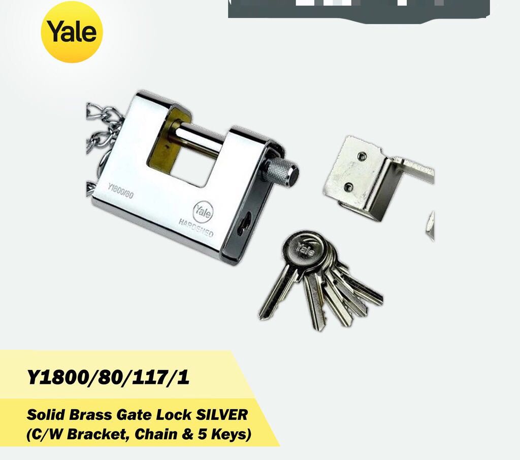 Yale Y1800/80/117/1 Solid Brass Gate Lock (C/W Bracket, Chain & 5 Keys ...