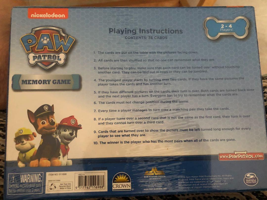 Paw Patrol memory game, Hobbies & Toys, Toys & Games on Carousell