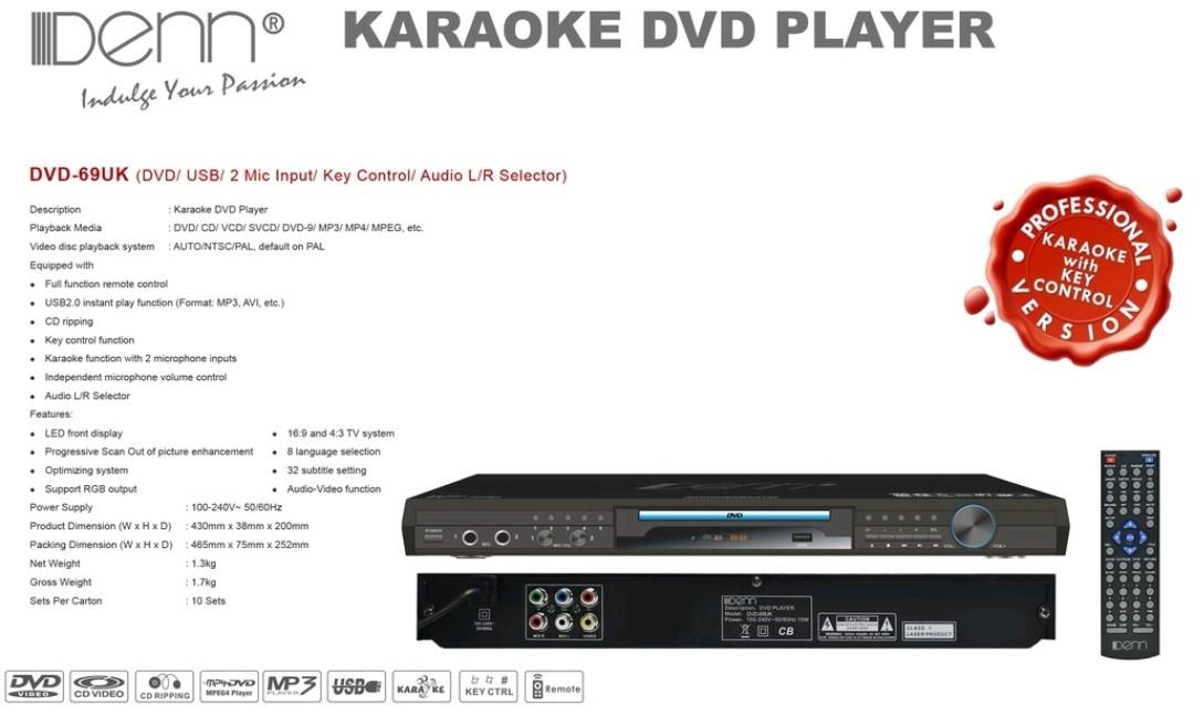 Denn DVD-69UK Karaoke DVD player (USB/2 mic input/key control/audio LR ...