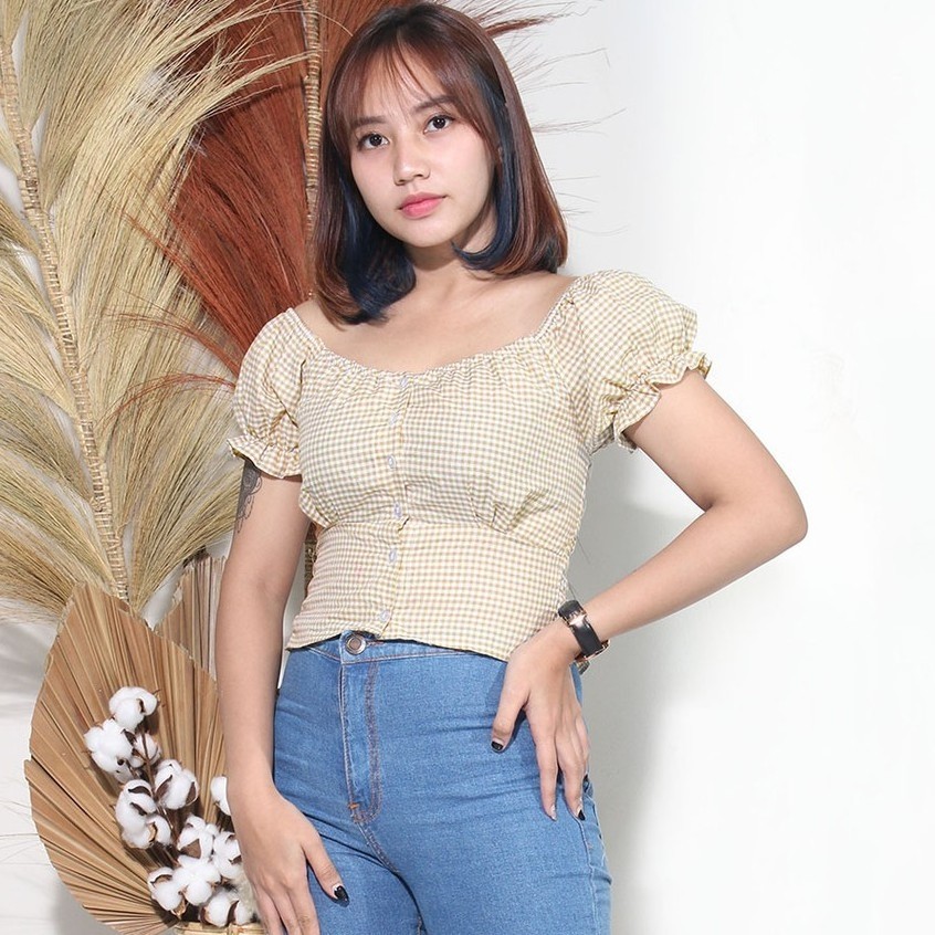 Carla Top / Korean Woman Top Motif Coksu Kotak Kecil, Fesyen Wanita ...