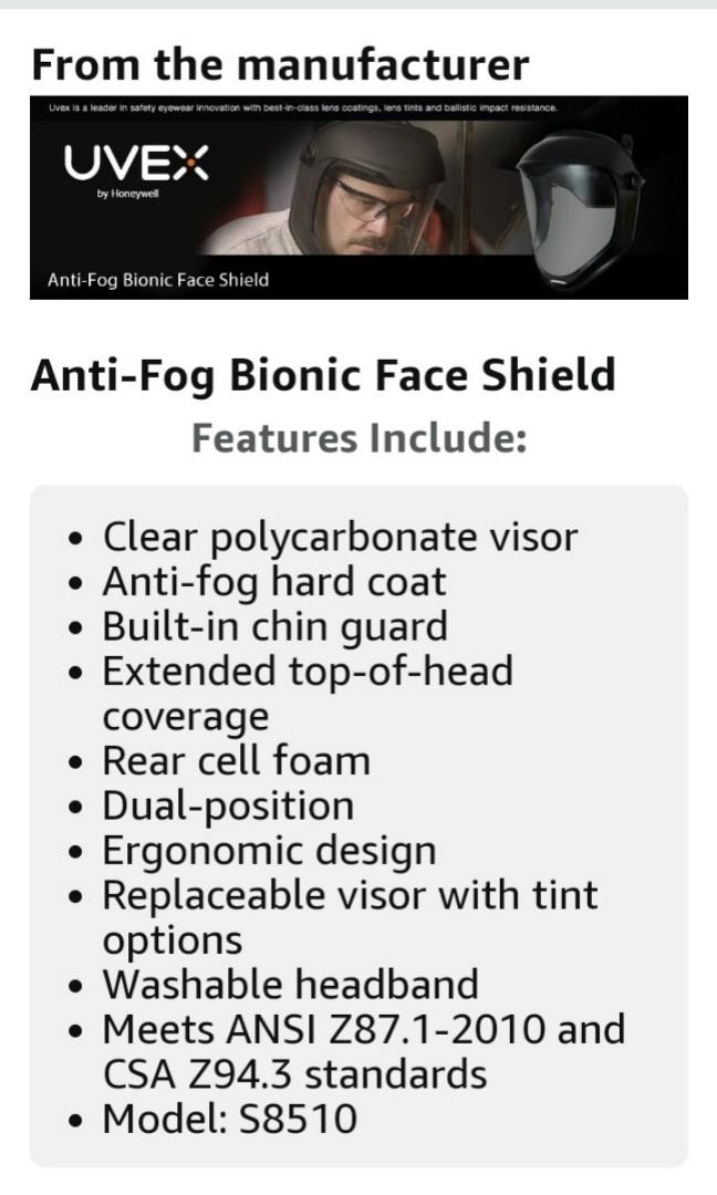 MADE in U.S.A.UVEX Bionic Face Shield Clear Antifog Polycarbonate Visor ...