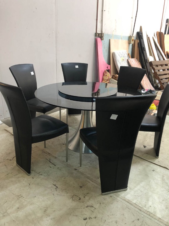 Modern Black Glass 2 Layer Round Dining Table with 6 Dining Chair ...