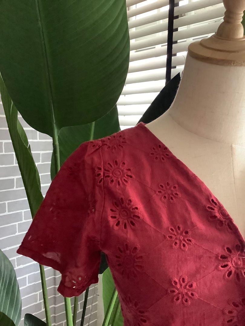 Red eyelet top, Women's Fashion, Tops, Blouses on Carousell