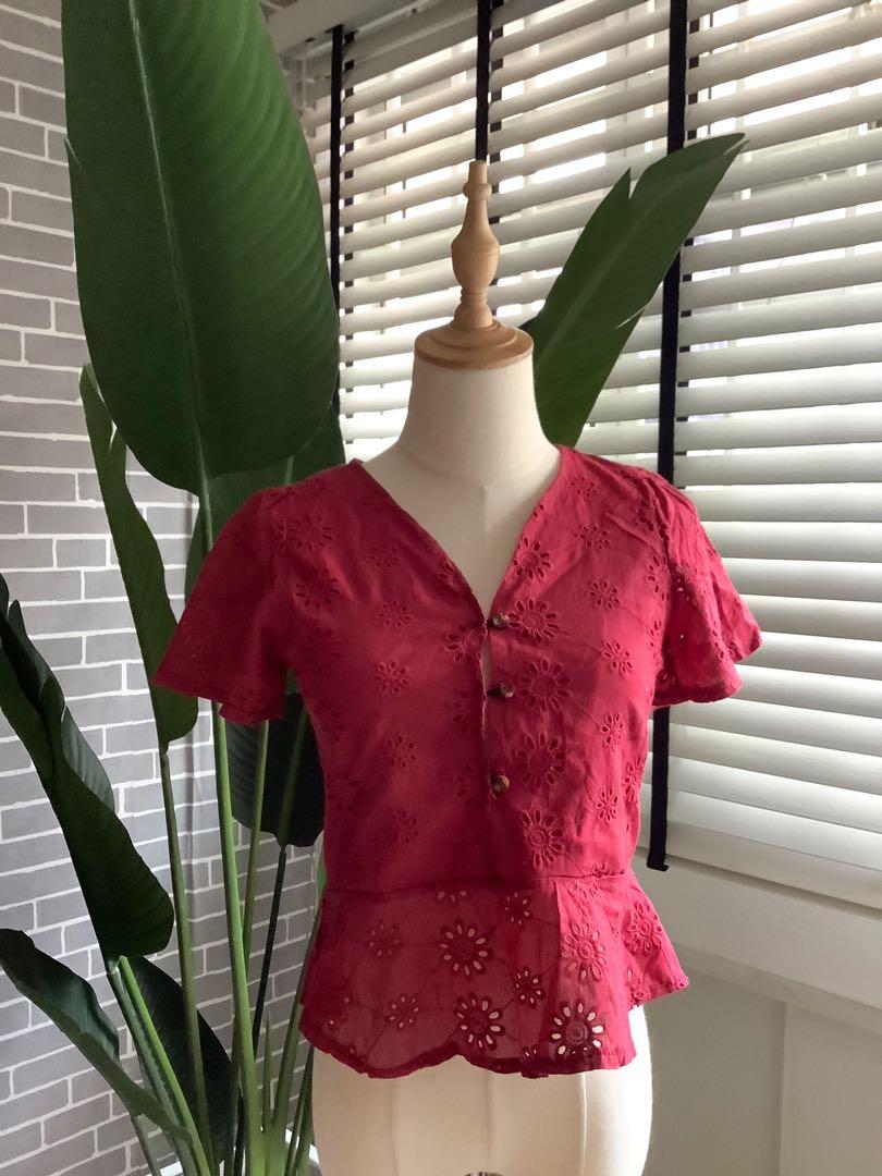 Red eyelet top, Women's Fashion, Tops, Blouses on Carousell