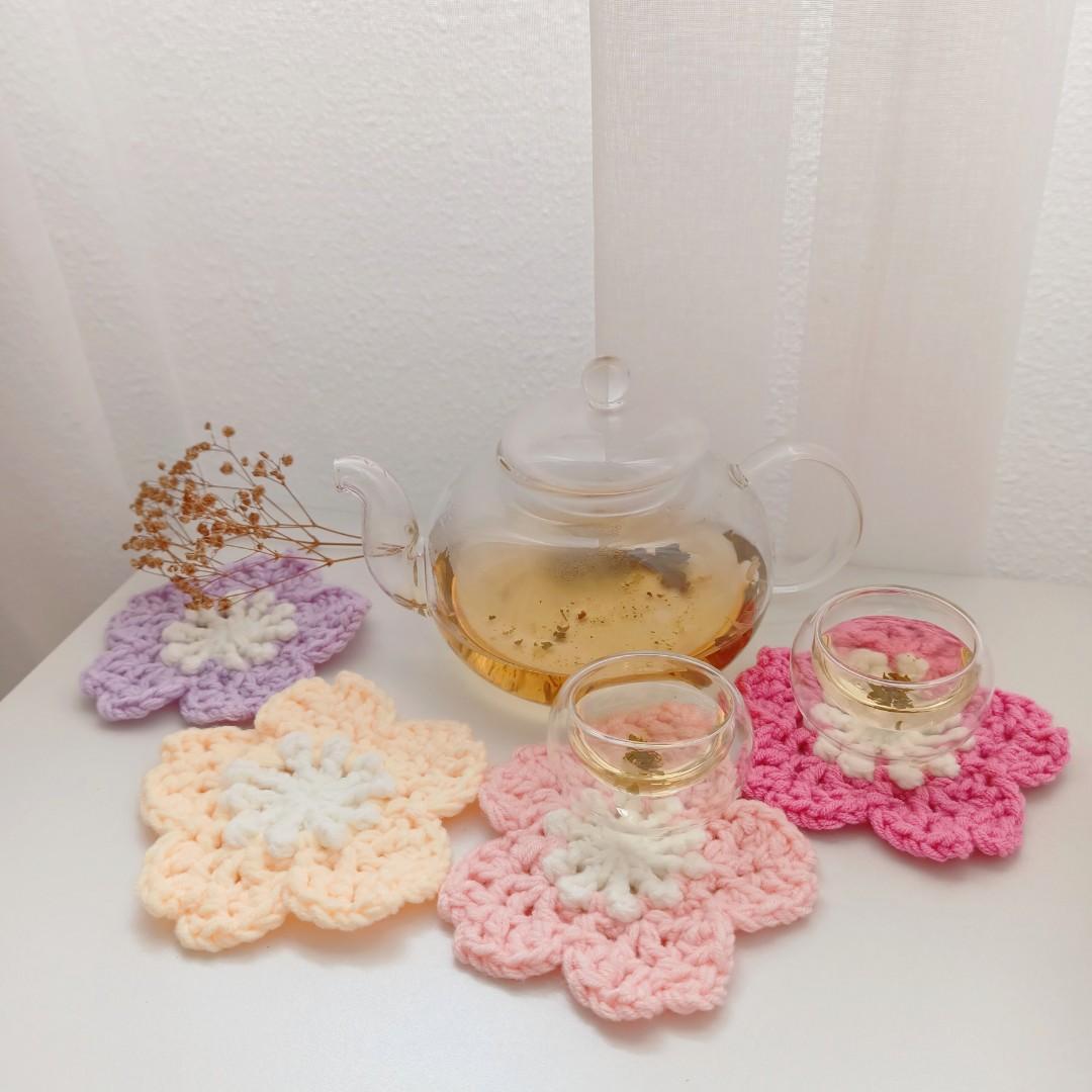 Crochet Sakura Cherry Blossom Coasters, Furniture & Home Living ...
