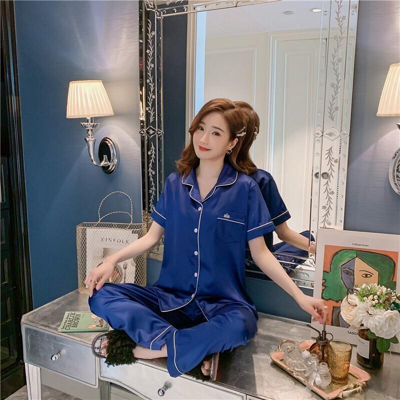 Navy Blue Glossy Silky Satin Silk Pajamas Pyjamas Short Sleeve Long ...