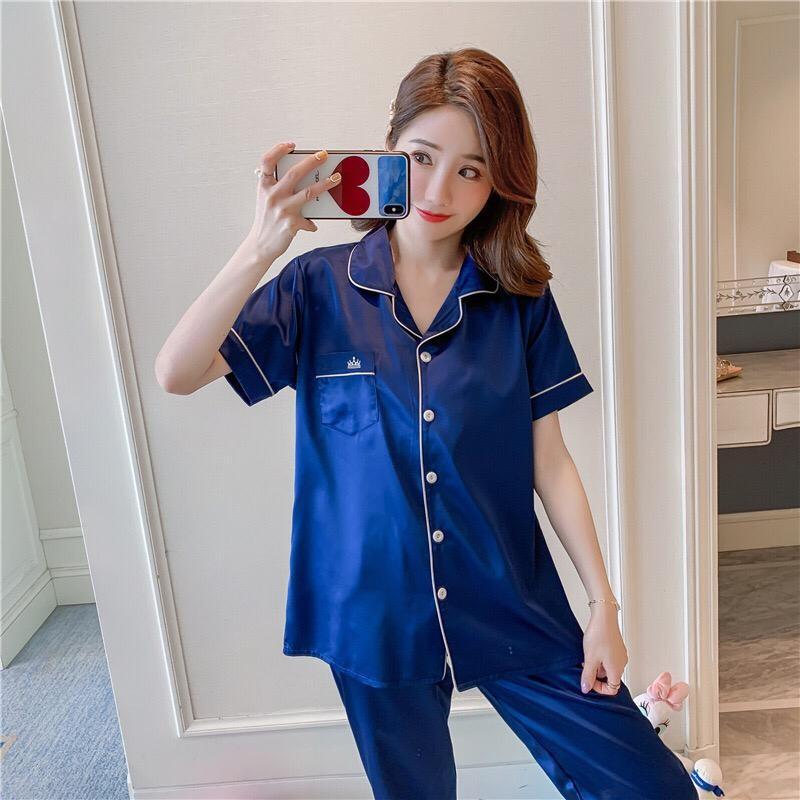 Navy Blue Glossy Silky Satin Silk Pajamas Pyjamas Short Sleeve Long ...