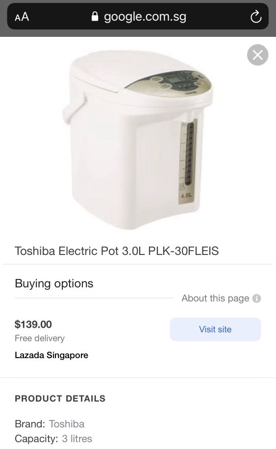 Toshiba 3.0L Electric Hot Pot MODEL NUMBER : PLK-30FLEIS, TV & Home Appliances, Kitchen ...
