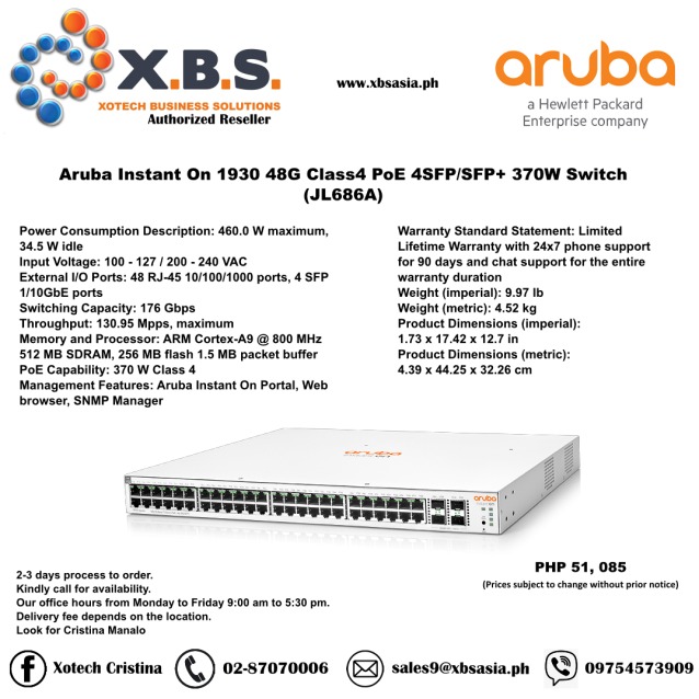 Aruba Instant On 1930 48G Class4 PoE 4SFP/SFP+ 370W Switch (JL686A ...