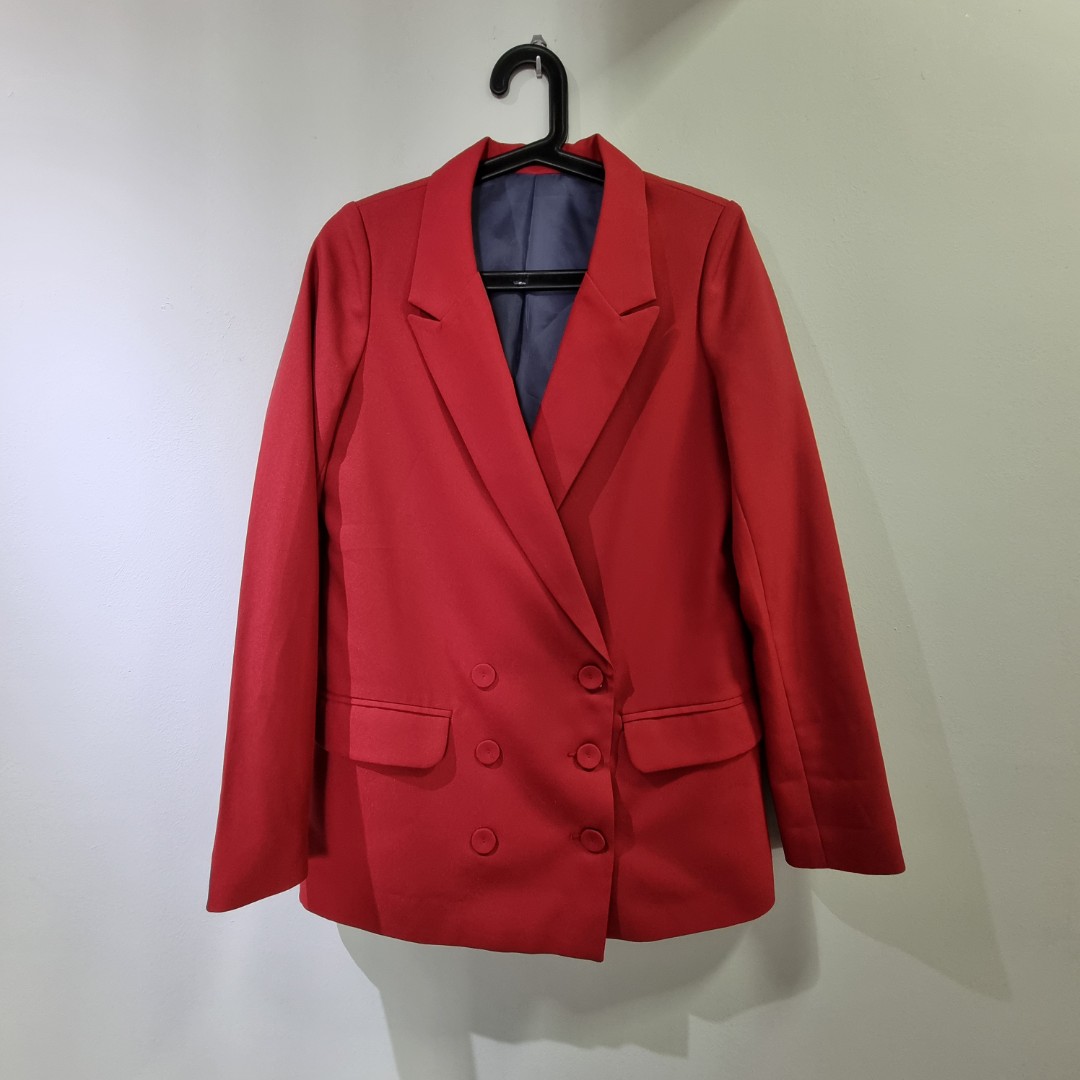 Korean Red Oversized Blazer, Women's Fashion, Coats, Jackets and ...