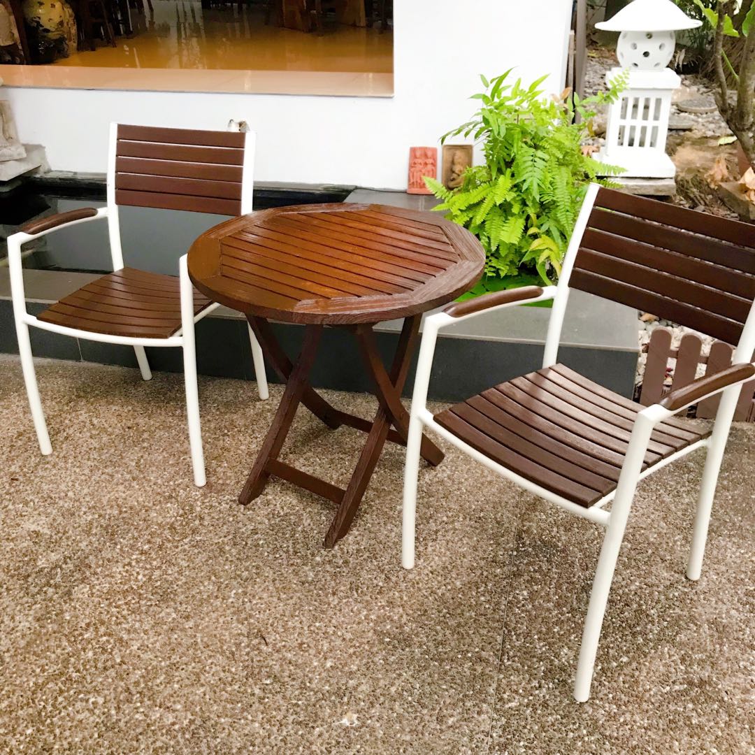 Outdoor teak wood table and 2 chairs, Furniture & Home Living ...