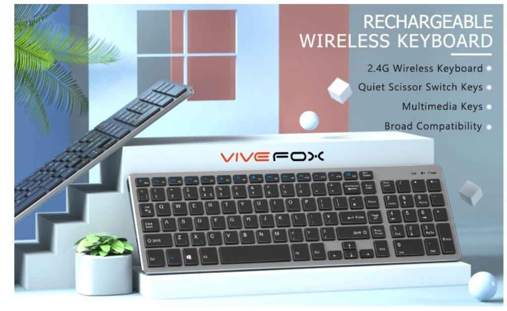 [BNIB] QWERTY BK348 2.4GHz Wireless Re-Chargeable Keyboard, Ultra Slim Re-Chargeable Wireless ...