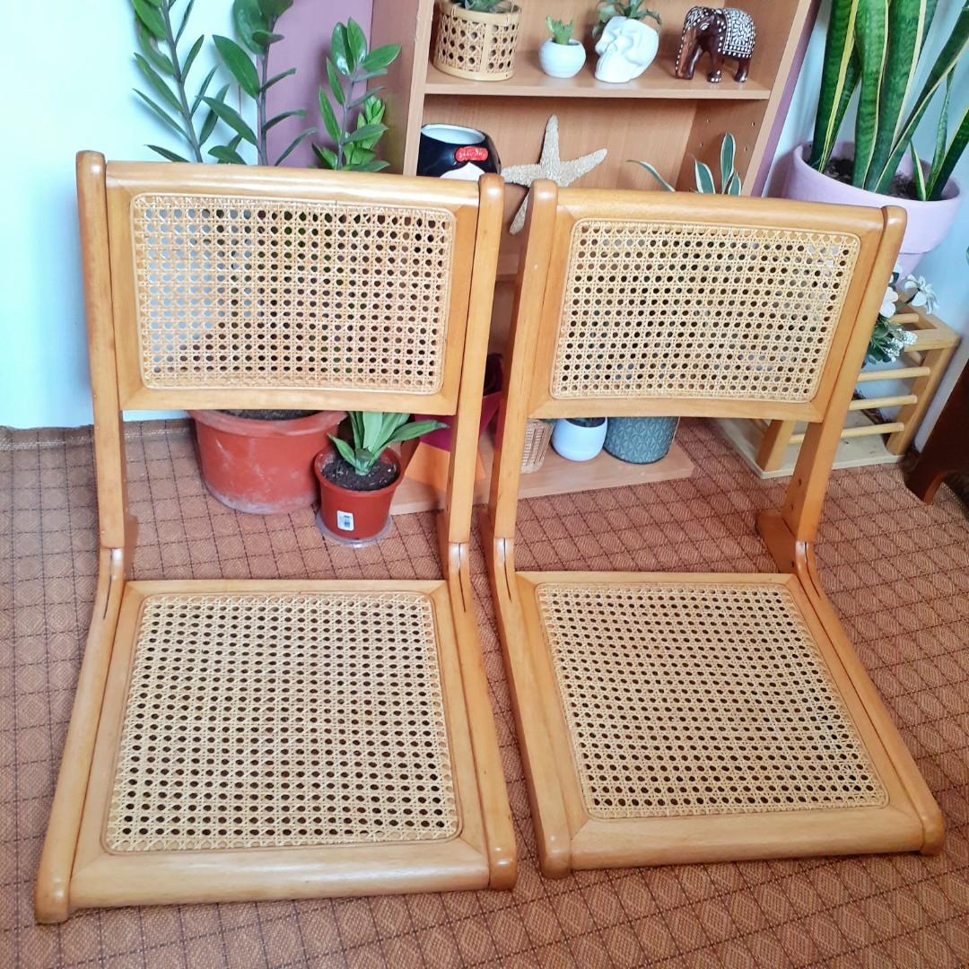 Pair of vintage solihiya rattan cane solid wood folding floor chairs ...